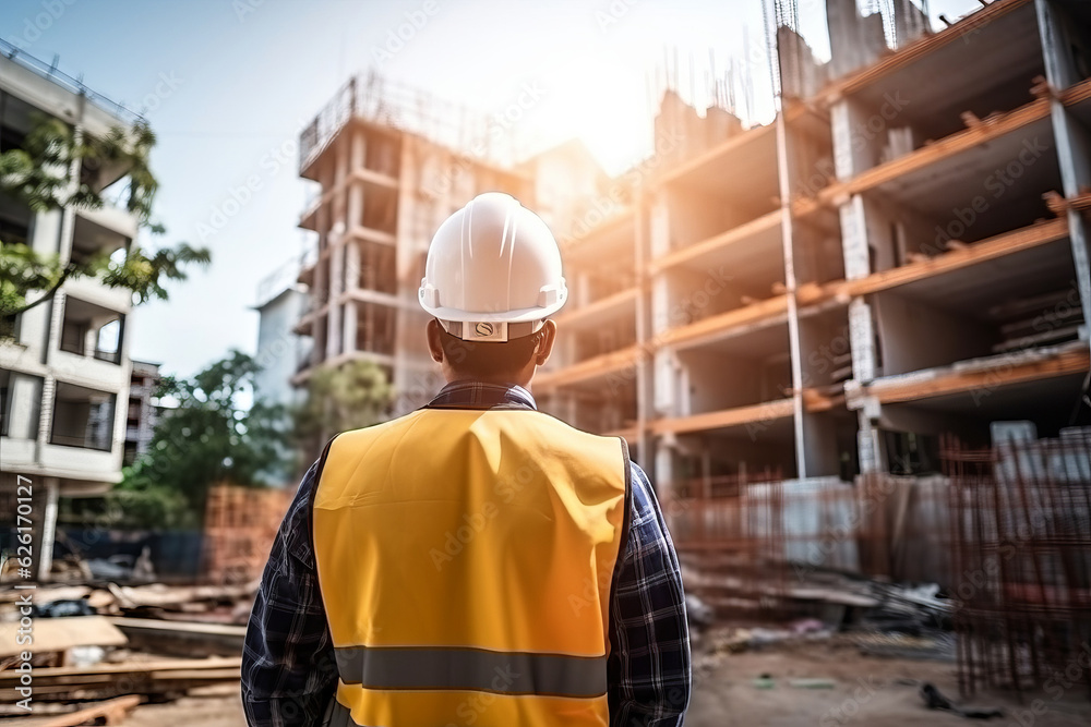 back view, engineer look upward, Ground level angle of building ...