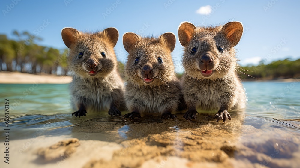 A group of Quokkas (Setonix brachyurus) posing for a 'selfie' on ...