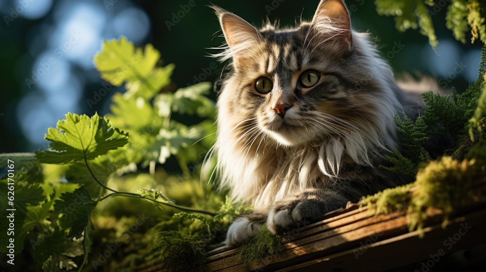A Norwegian Forest Cat (Felis catus) climbing a cat tree, its large ...