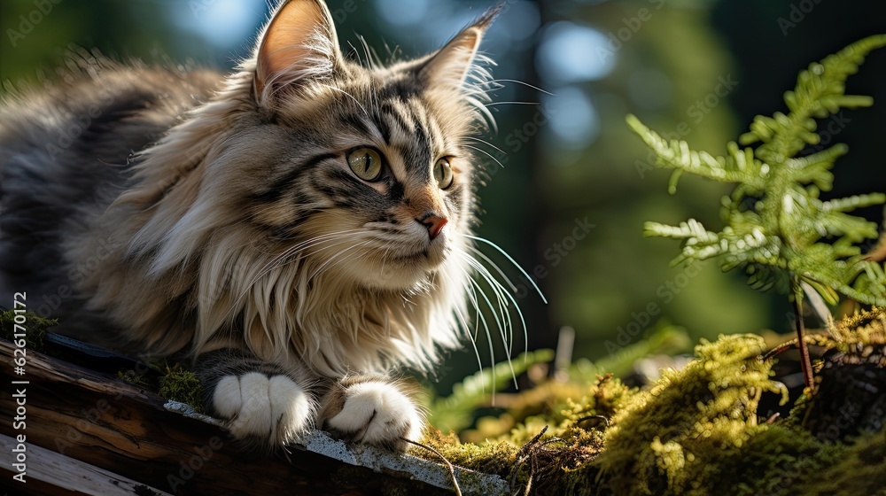 A Norwegian Forest Cat (Felis catus) climbing a cat tree, its large ...