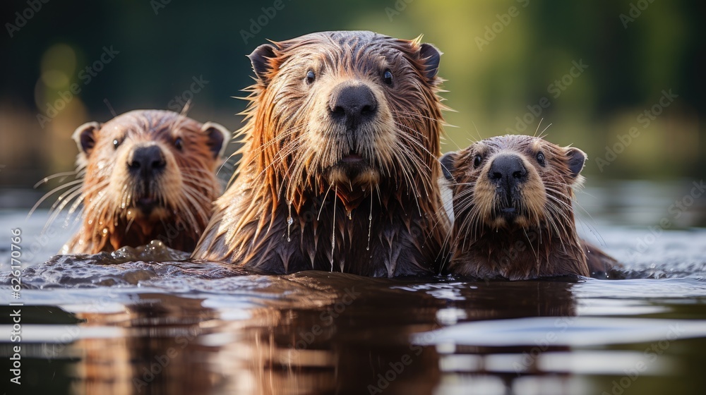 A family of North American beavers (Castor canadensis) working on their ...