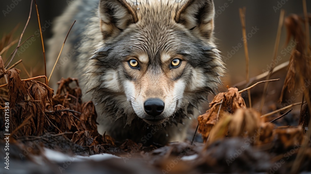 Poster A grey wolf (Canis lupus) on the hunt in Yellowstone National ...