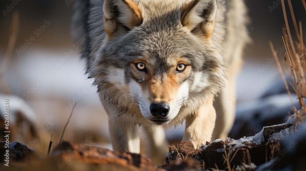 A grey wolf (Canis lupus) on the hunt in Yellowstone National Park, its ...