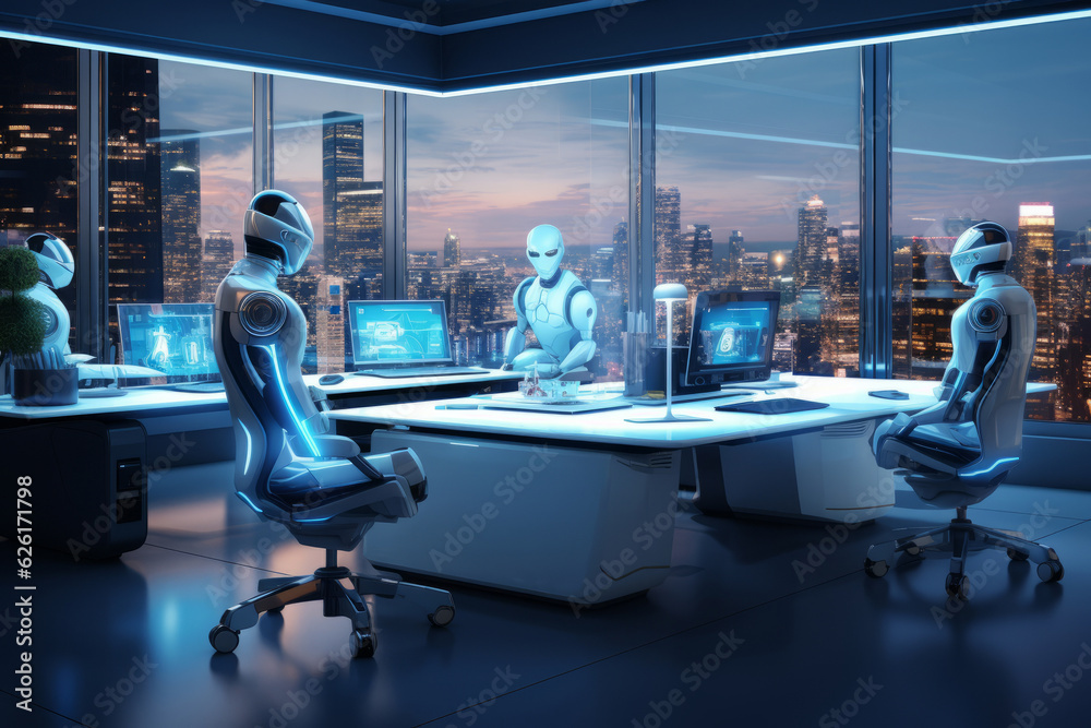 Visualize a futuristic office scene where robots are seated at a sleek ...