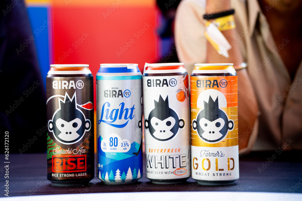 Range of Bira indian craft beer placed in an outdoor event showing ...