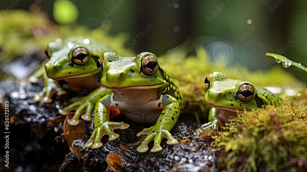 A group of Marsupial Frogs (Gastrotheca sp.) hopping through the ...