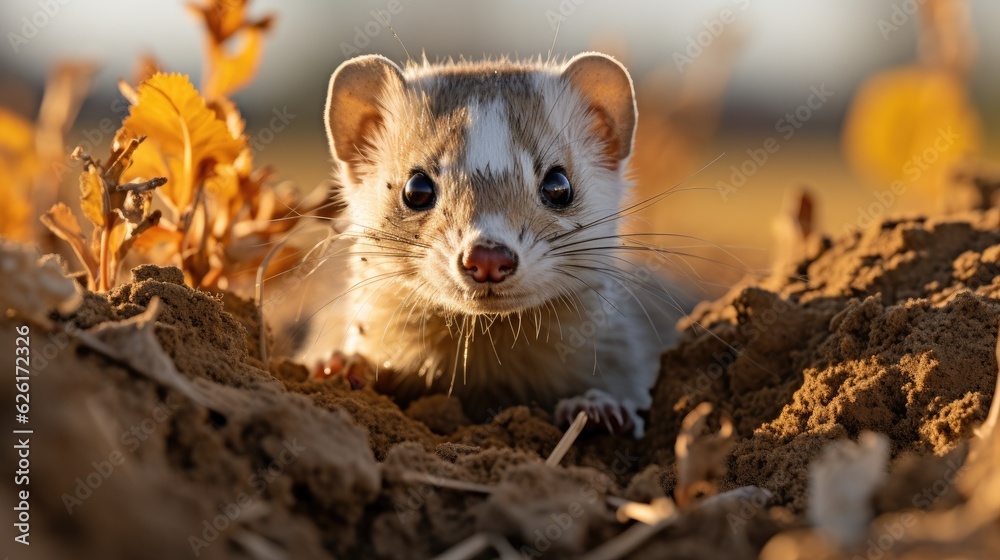 A black-footed ferret (Mustela nigripes) peeking out from its burrow in ...