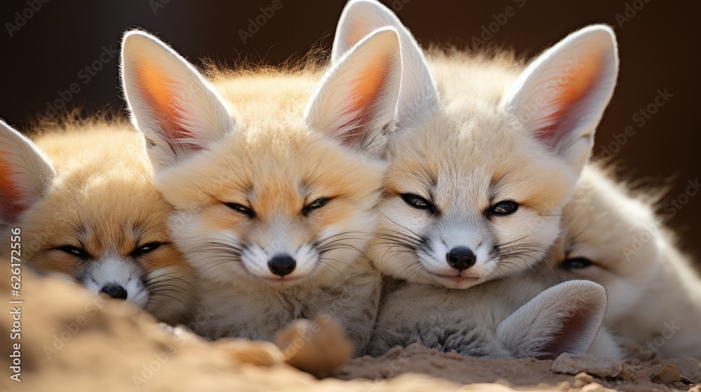 A group of Fennec Foxes (Vulpes zerda) huddled together in the Sahara ...