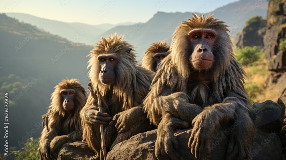 A group of Gelada Baboons (Theropithecus gelada) socializing on the ...