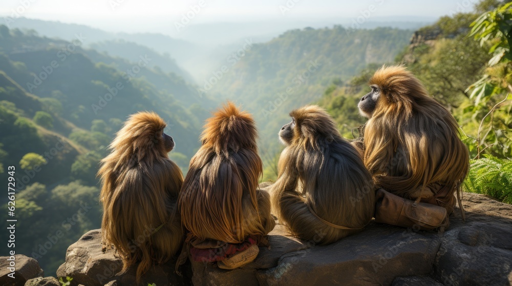 A group of Gelada Baboons (Theropithecus gelada) socializing on the ...