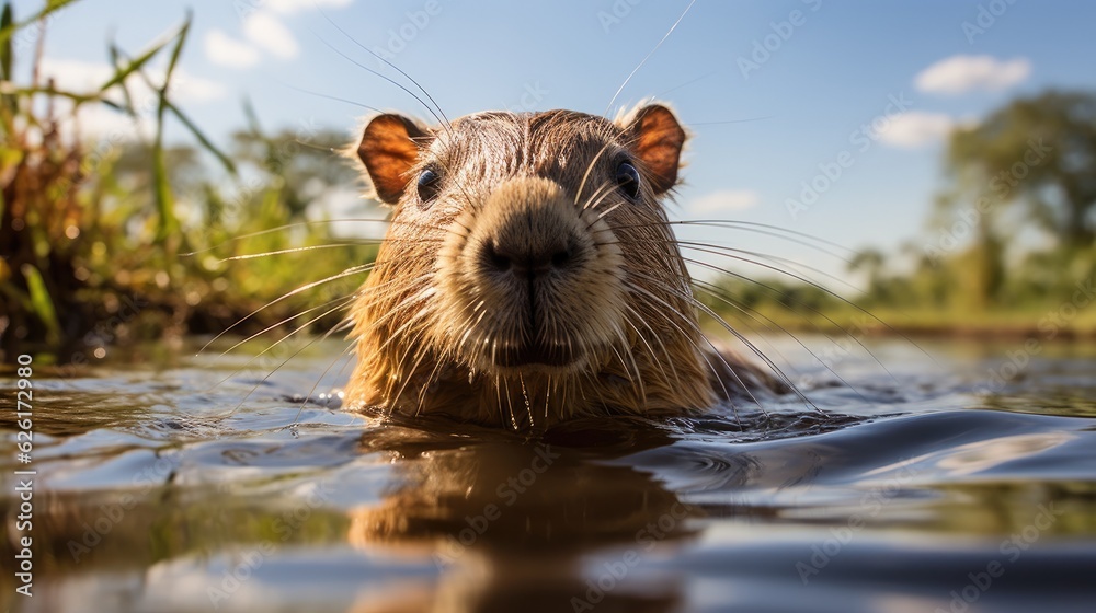 A Capybara (Hydrochoerus hydrochaeris) swimming in a pond in Brazil's ...