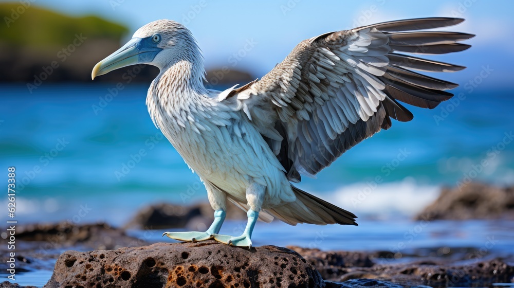 A blue-footed booby (Sula nebouxii) performing its distinctive mating ...