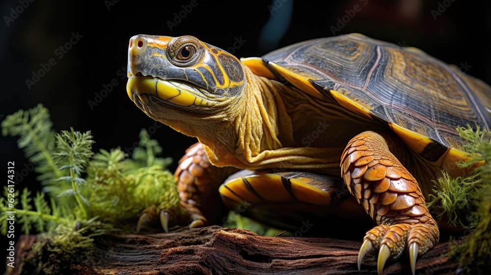 A Turtle (Testudines) basking on a log in an aquarium, its hard shell ...