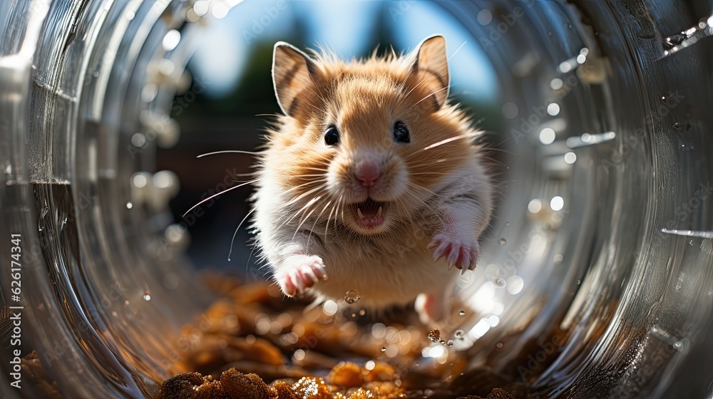 A Hamster (Cricetinae) running on a wheel in a cage, its round body and ...