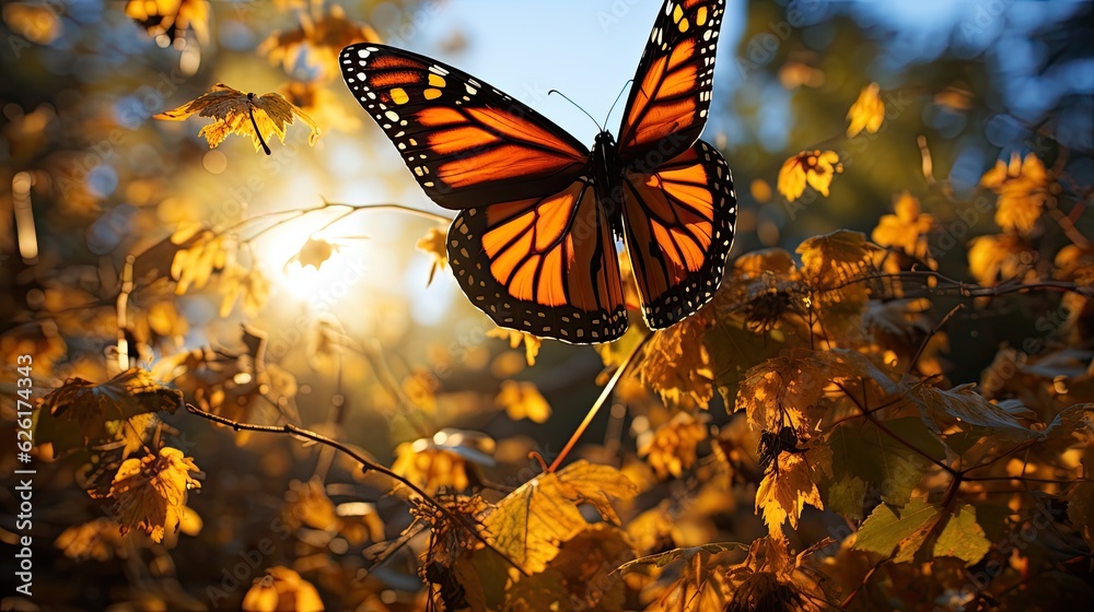 A monarch butterfly (Danaus plexippus) migration in the skies above ...
