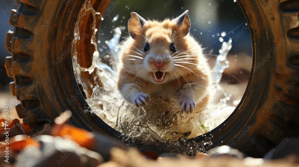 A Hamster (Cricetinae) running on a wheel in a cage, its round body and ...