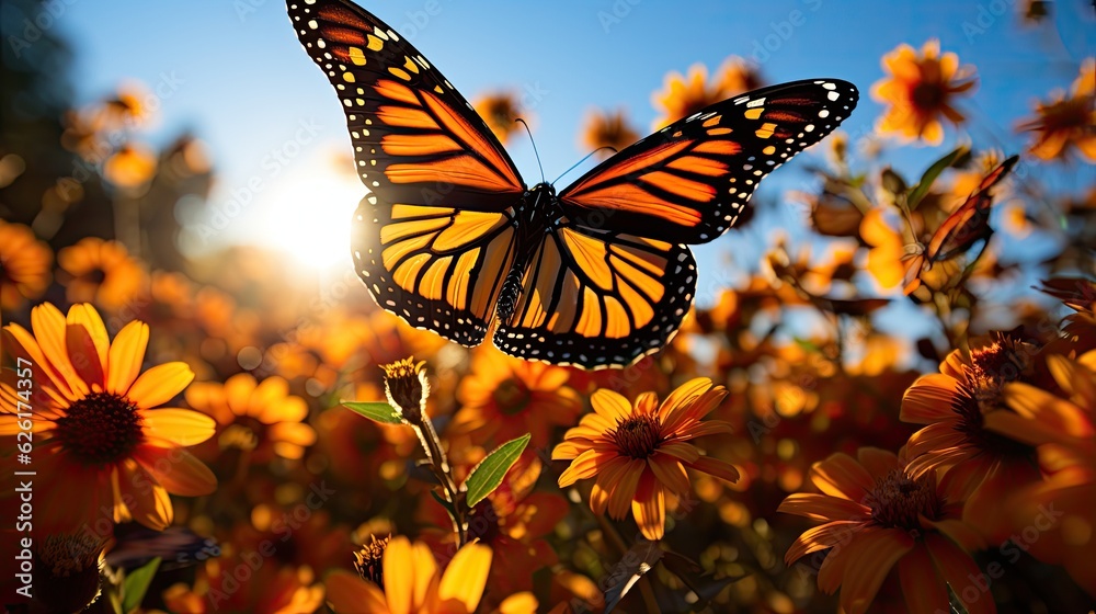 A monarch butterfly (Danaus plexippus) migration in the skies above ...