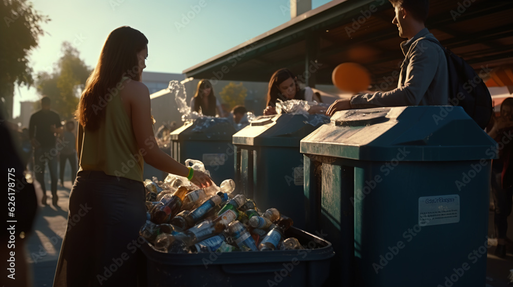 Recycling: Showcasing images of recycling bins and people separating ...