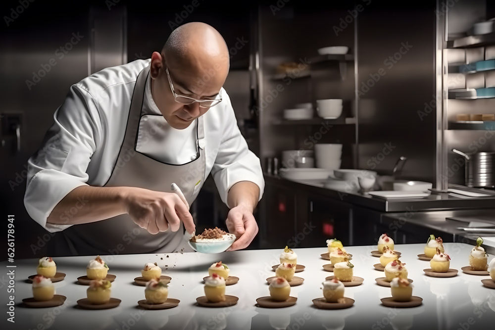 A master chef developing recipes in their test kitchen, meticulously ...