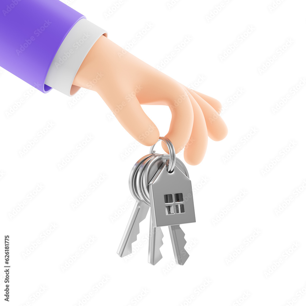 Cartoon man hand holding keys with house shaped keychain ilustração do ...