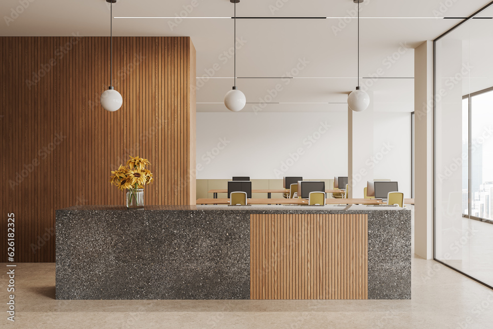 Modern reception interior with desk and workspace near panoramic window ...