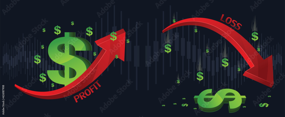 Dollar sign and arrows going up and down showing profit and loss or ...