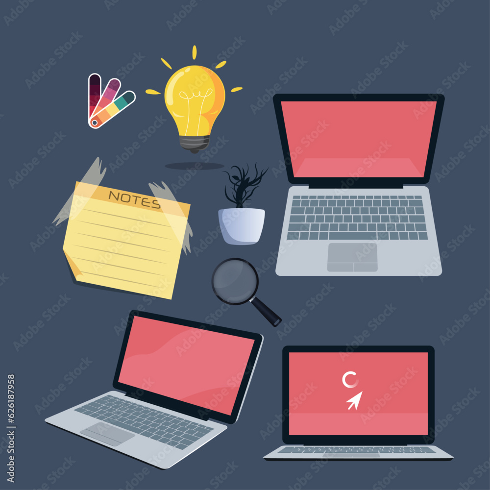 Set of laptop vector in different angles with a sticky note idea bulb ...