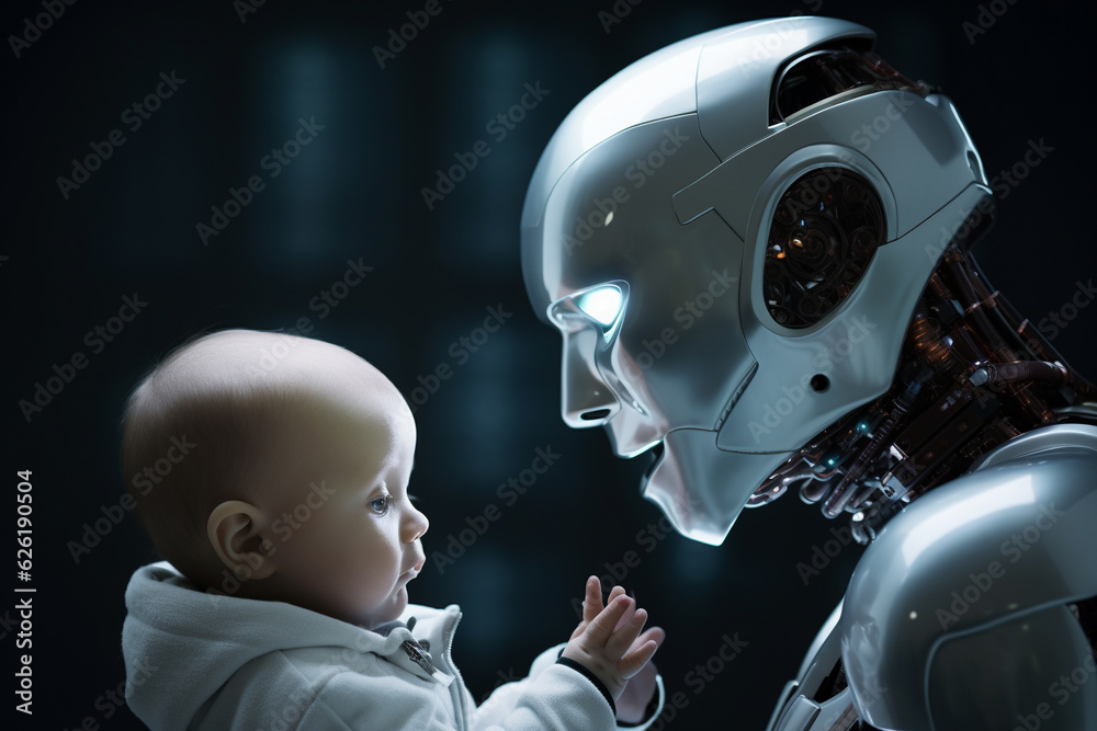 Humanoid robot tenderly nurturing a little child. Robot taking care of a small infant. Ai ...