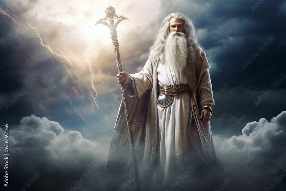 White-bearded wizard dressed in flowing white robes, casting a powerful ...