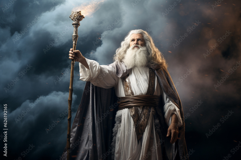 White-bearded wizard dressed in flowing white robes, casting a powerful ...