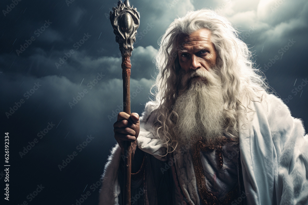 White-bearded wizard dressed in flowing white robes, casting a powerful ...