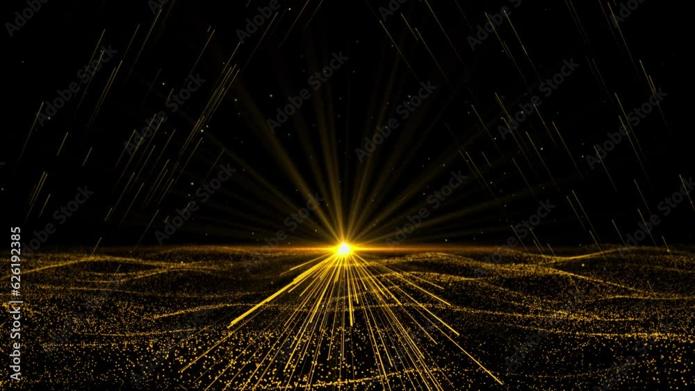 Golden particles freely rising floating, spotlight particles wave stage ...