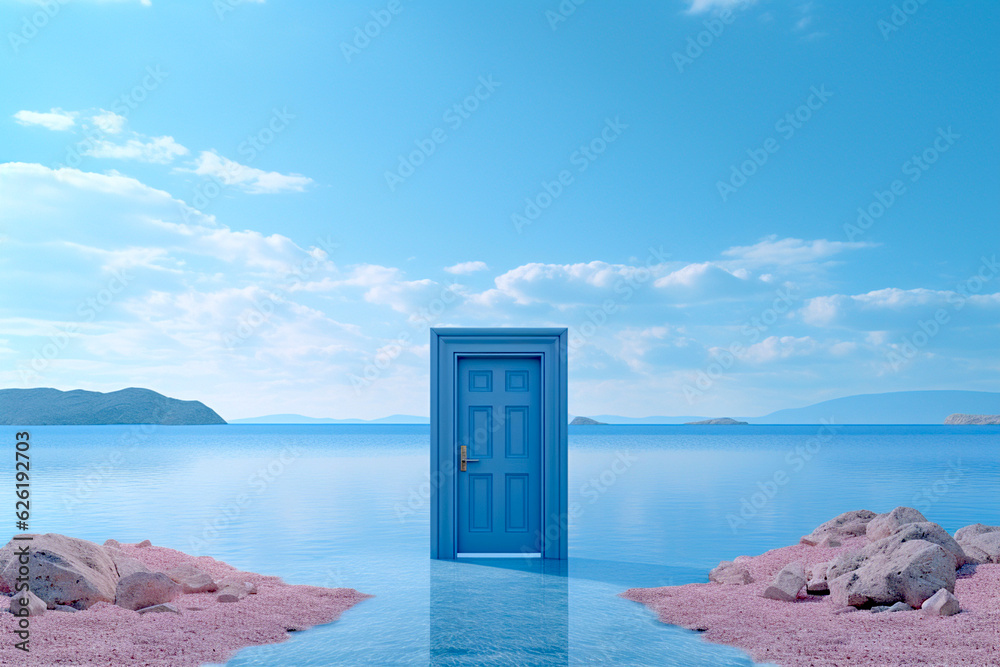 Surreal is a fantastic futuristic lake with pink shores and a door in ...