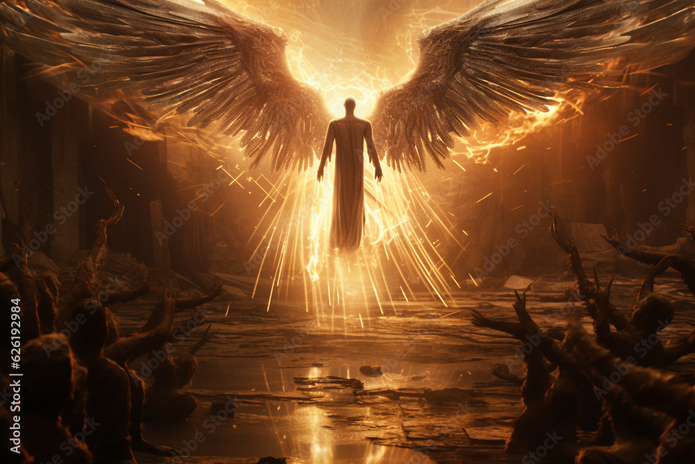 Angel surrounded by menacing dark forces and demons, showcasing the ...