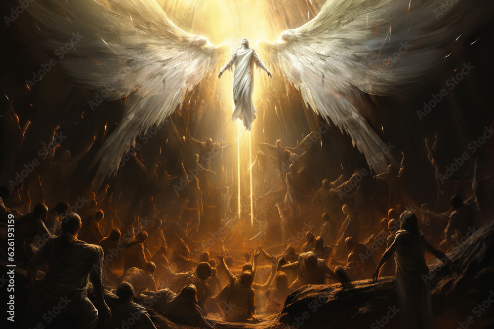 Angel surrounded by menacing dark forces and demons, showcasing the ...