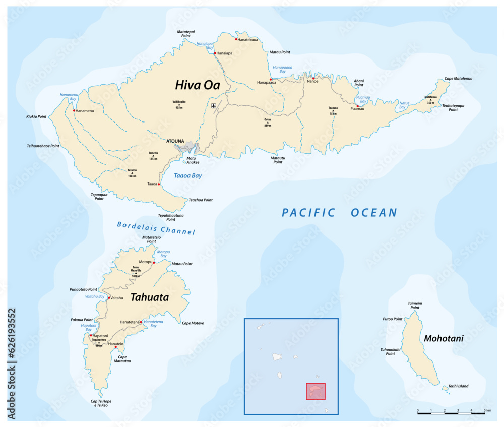 Map of the islands of Hiva Oa, Tahuata, and Mohotani, Marquesas Islands ...