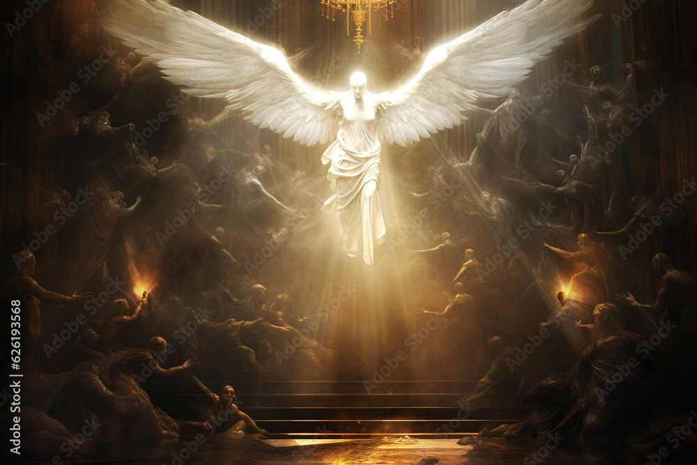 Angel surrounded by menacing dark forces and demons, showcasing the ...