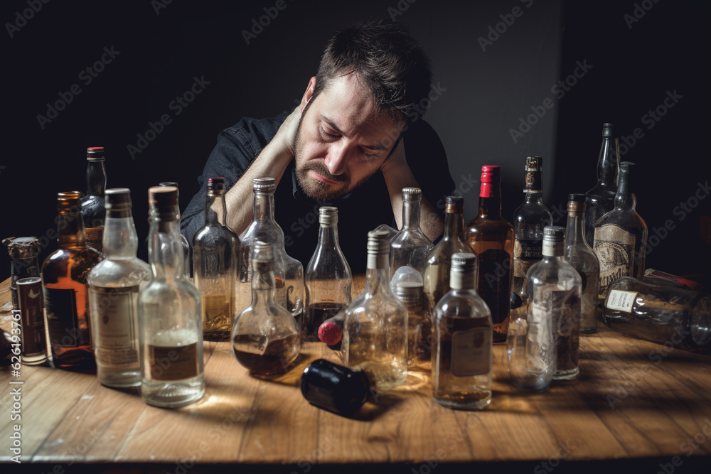Depressed, drunk, and depraved man slumped over a table, surrounded by ...