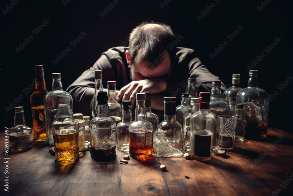 Depressed, drunk, and depraved man slumped over a table, surrounded by ...