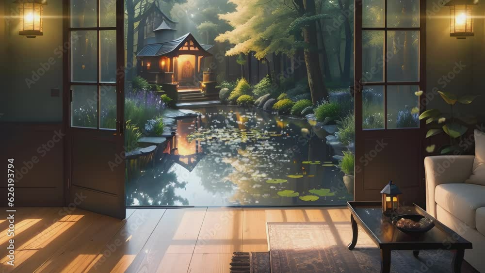 Japanese traditional house interior with fantasy tropical landscape ...