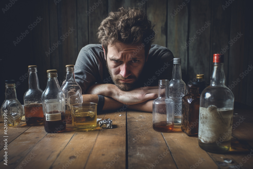 ภาพประกอบสต็อก Depressed, drunk, and depraved man slumped over a table ...