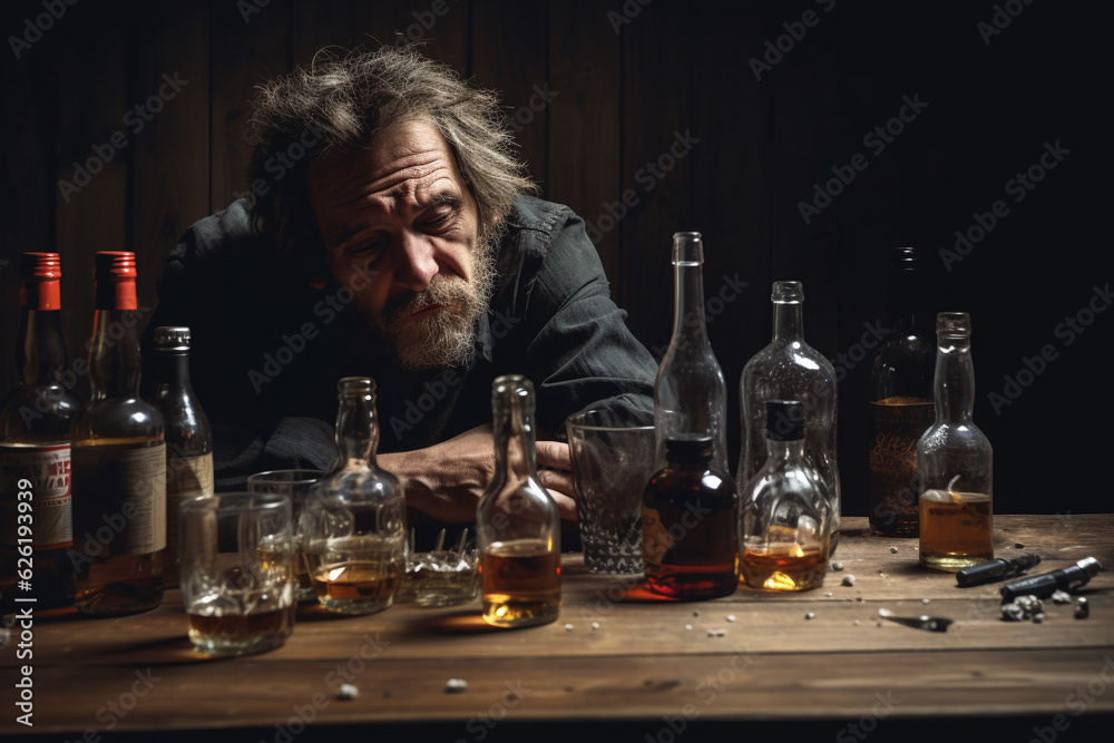 Depressed, drunk, and depraved man slumped over a table, surrounded by ...