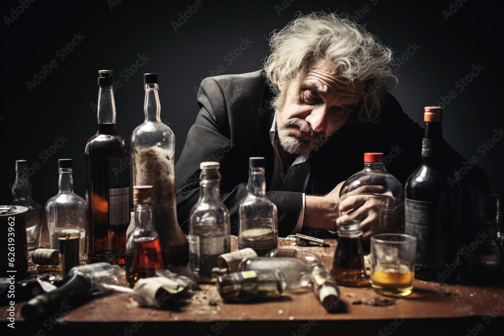 Depressed, drunk, and depraved man slumped over a table, surrounded by ...