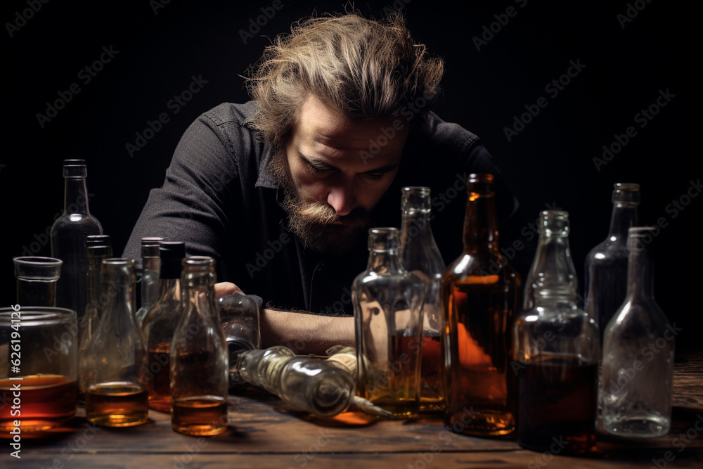 Depressed, drunk, and depraved man slumped over a table, surrounded by ...