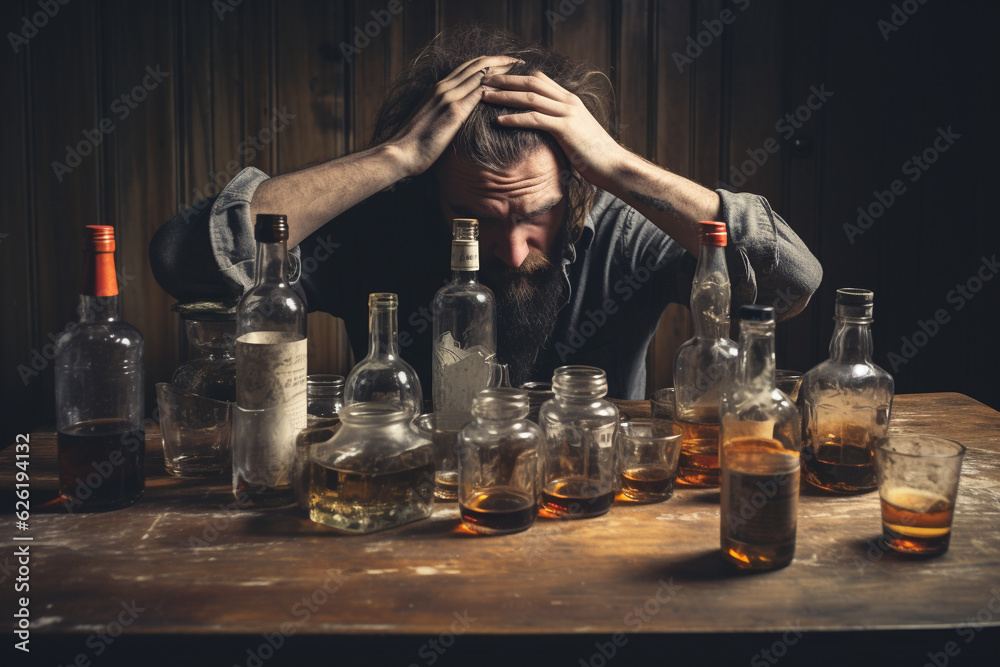 Depressed, drunk, and depraved man slumped over a table, surrounded by ...