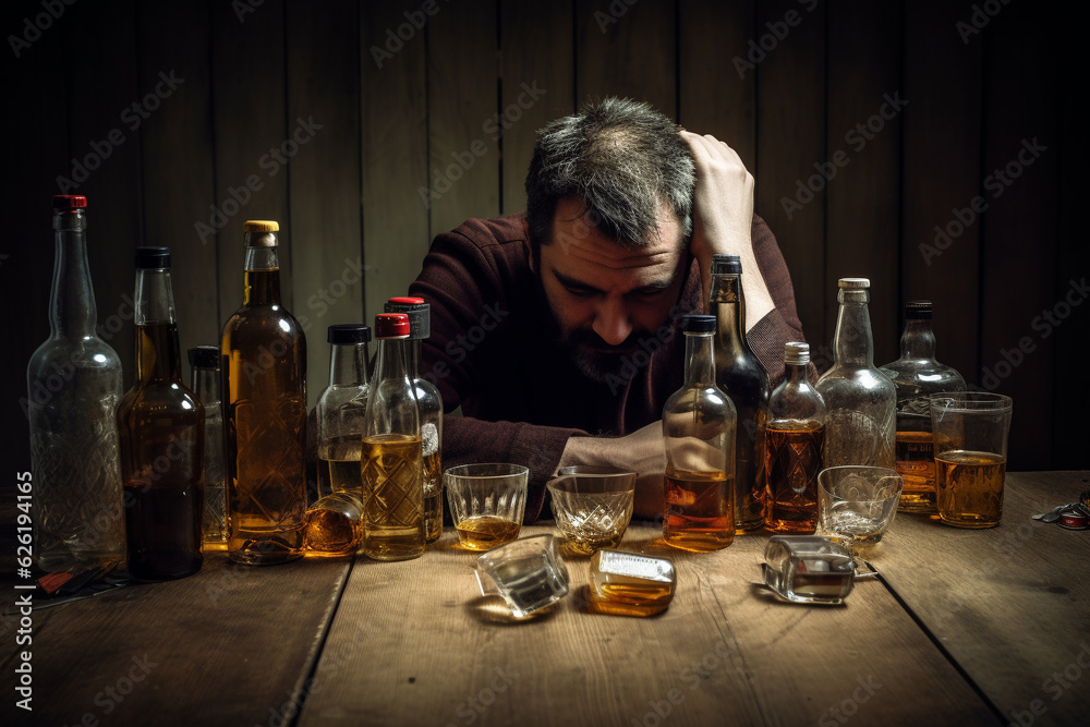Depressed, drunk, and depraved man slumped over a table, surrounded by ...