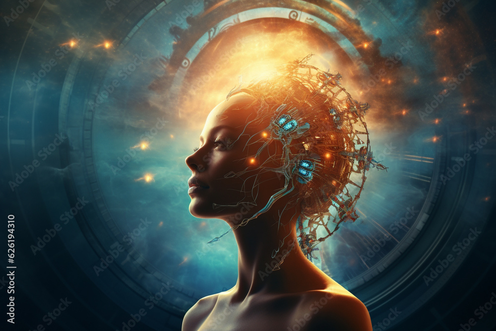 Woman enveloped by an expansive universe of thoughts, memories, and ...