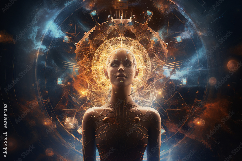 Woman enveloped by an expansive universe of thoughts, memories, and ...