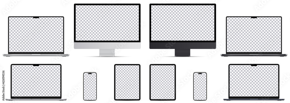 Mock-up screen 2023-2024 yers. Set devices silver and black colors ...