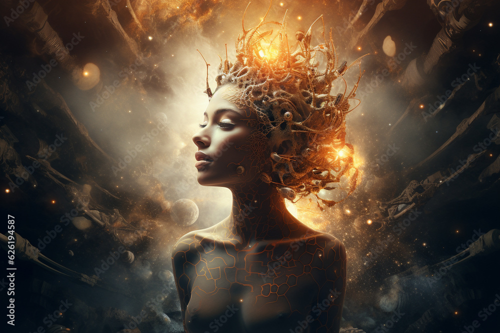 Woman enveloped by an expansive universe of thoughts, memories, and ...